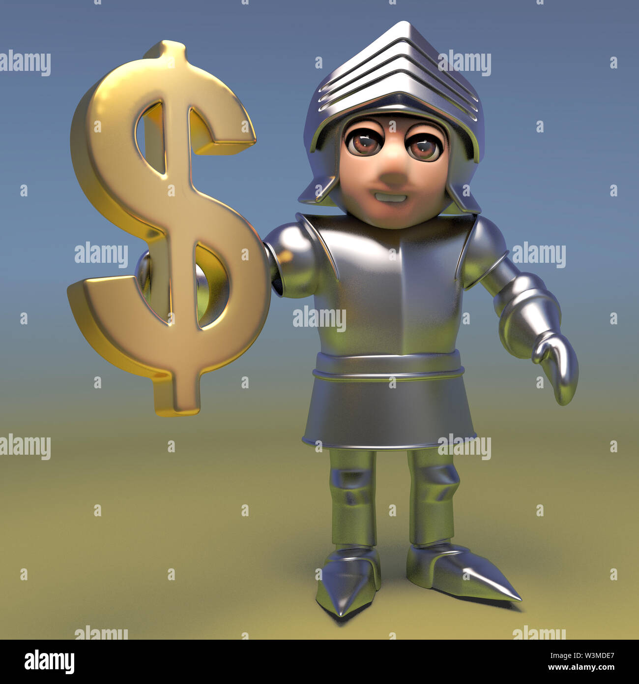 Medieval armoured knight holding a US dollar currency symbol, 3d ...