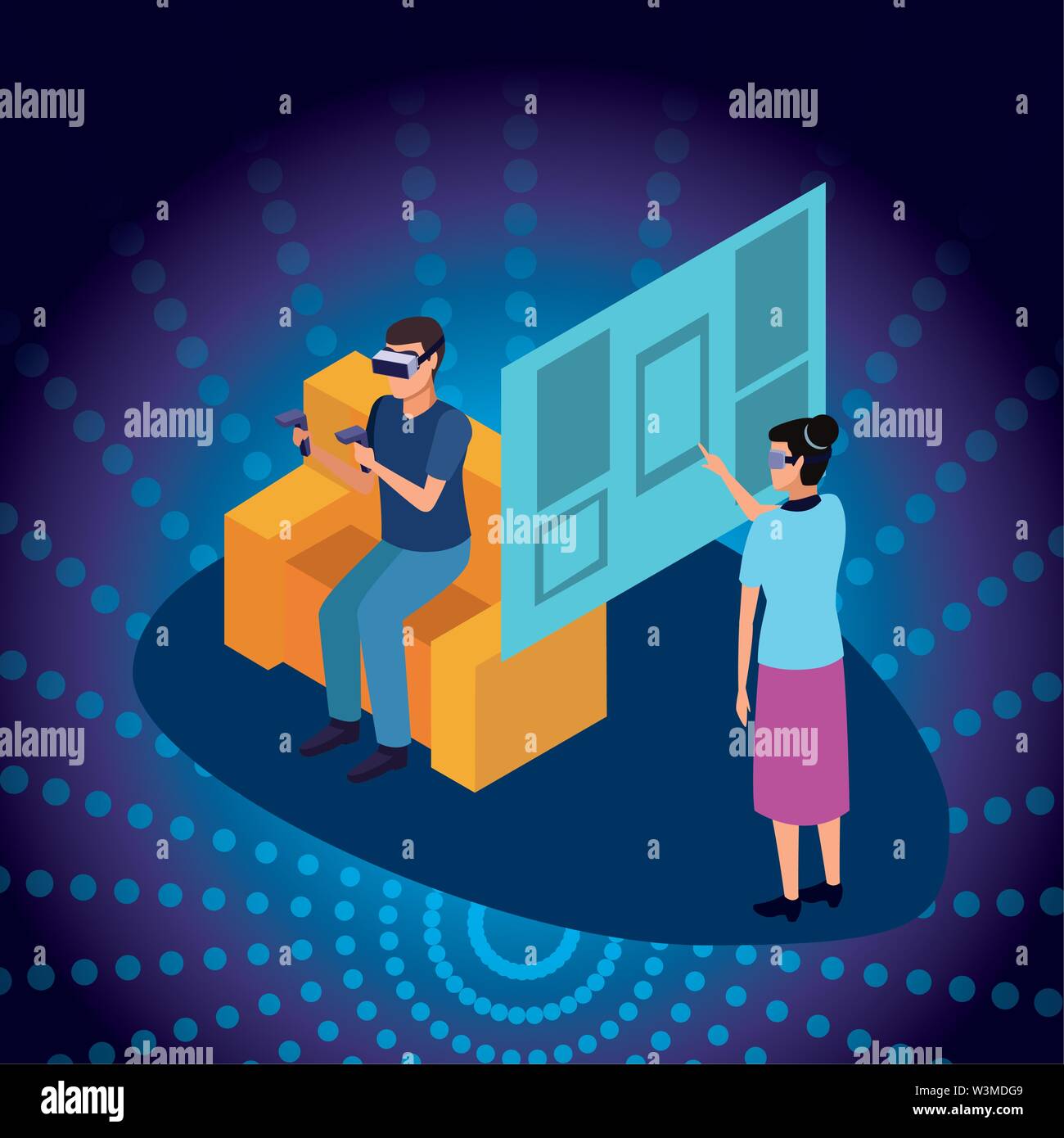 virtual reality technology experience cartoon on blue digital ...