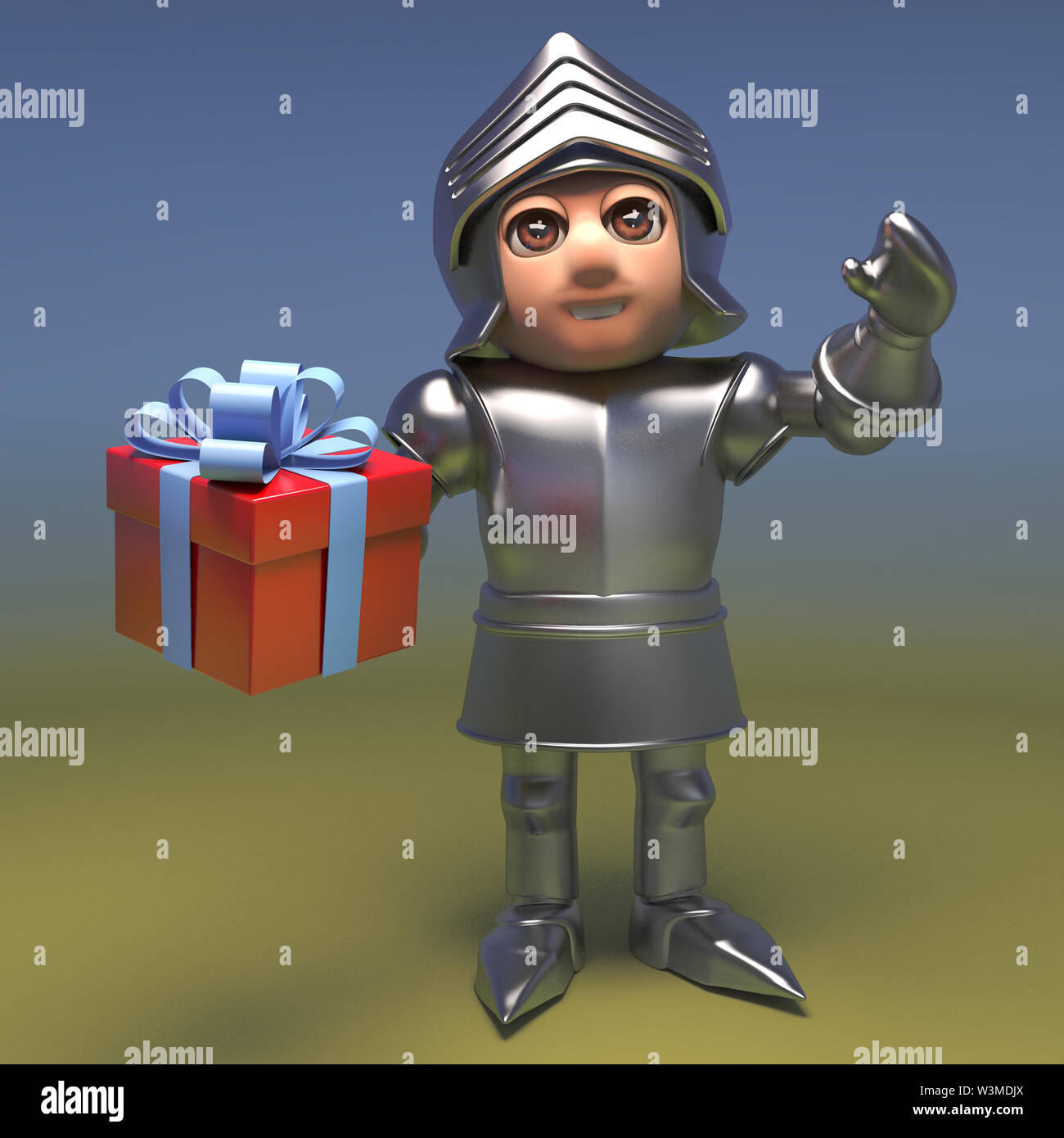 Heroic medieval knight in armour holding a gift wrapped present, 3d ...