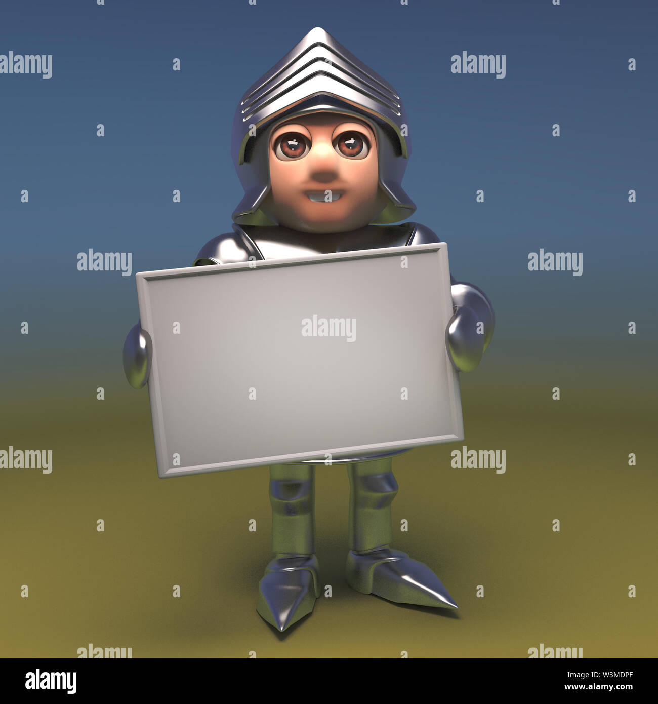 Brave armour clad medieval knight holding blank banner placard, 3d ...