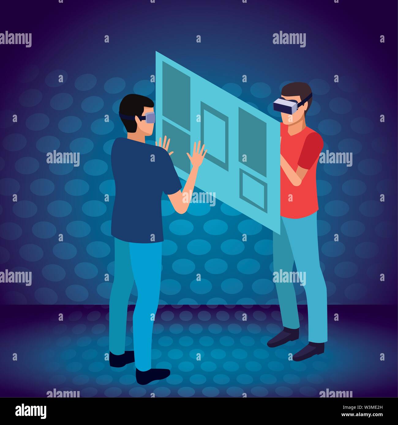virtual reality technology experience cartoon on blue digital ...