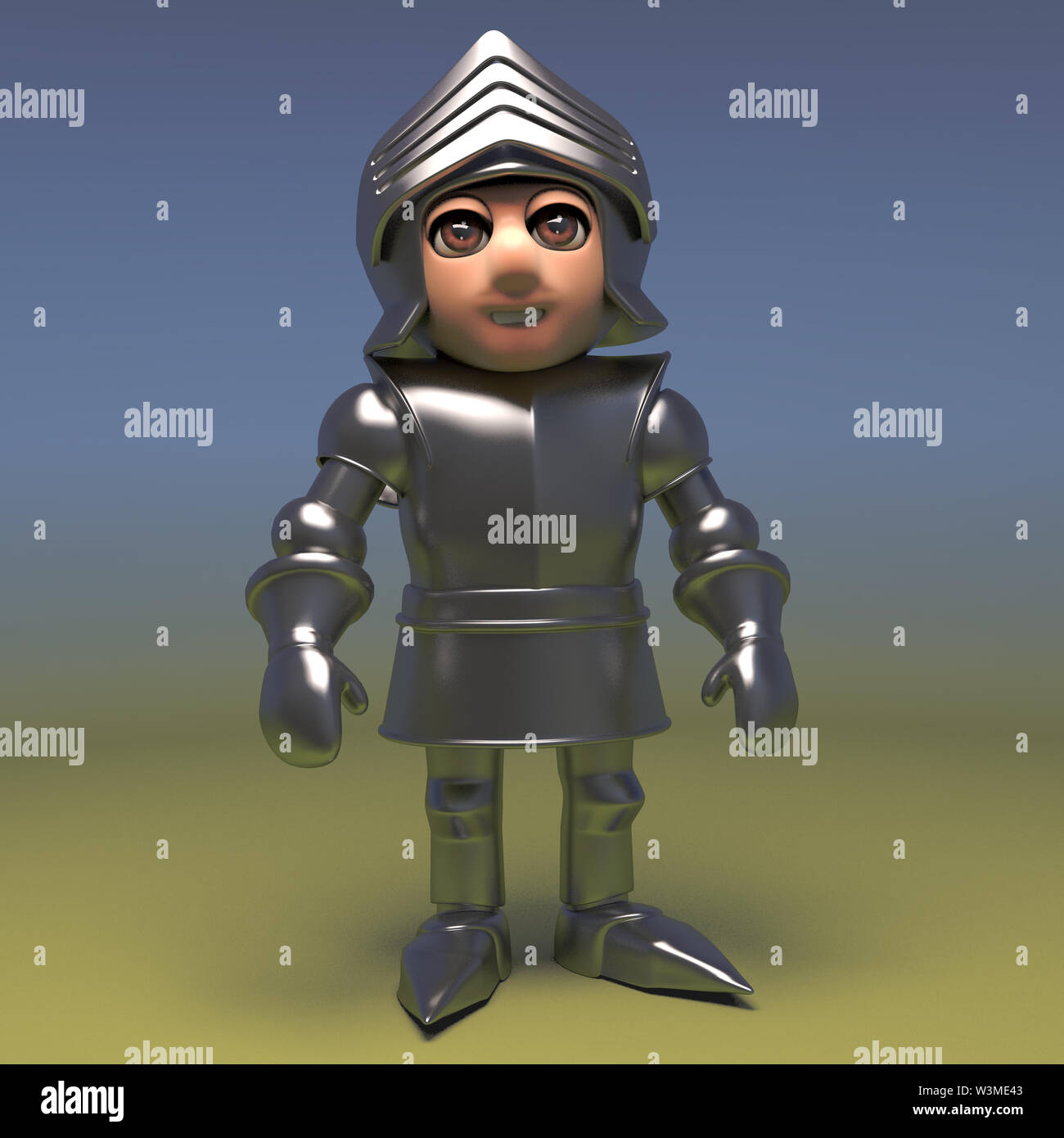 Brave medieval armoured knight stands in a chivalrous manner, 3d ...