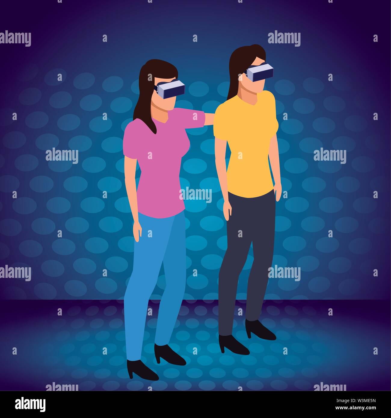 virtual reality technology experience cartoon on blue digital ...
