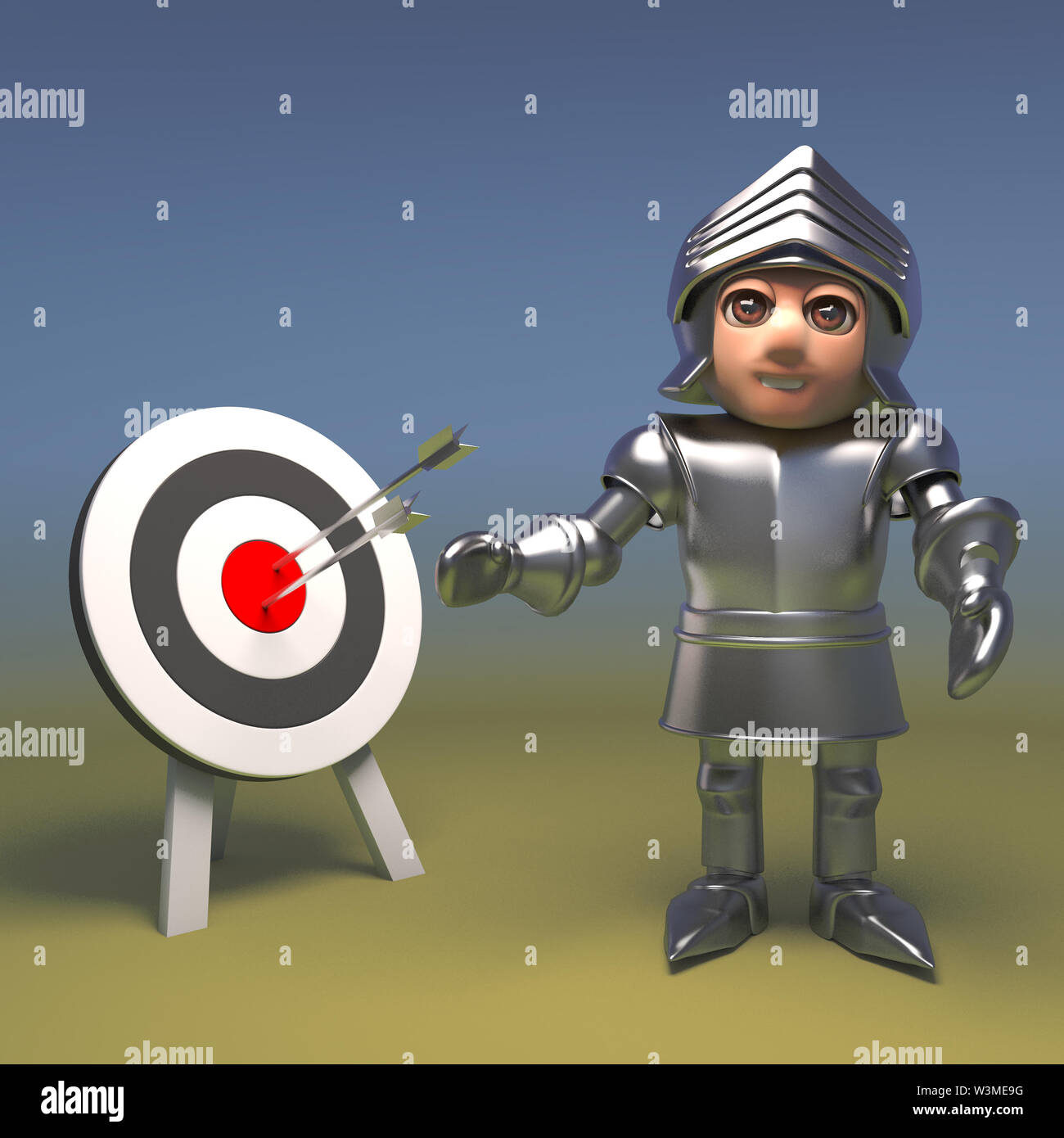 Medieval knight practises his archery with a target, 3d illustration ...