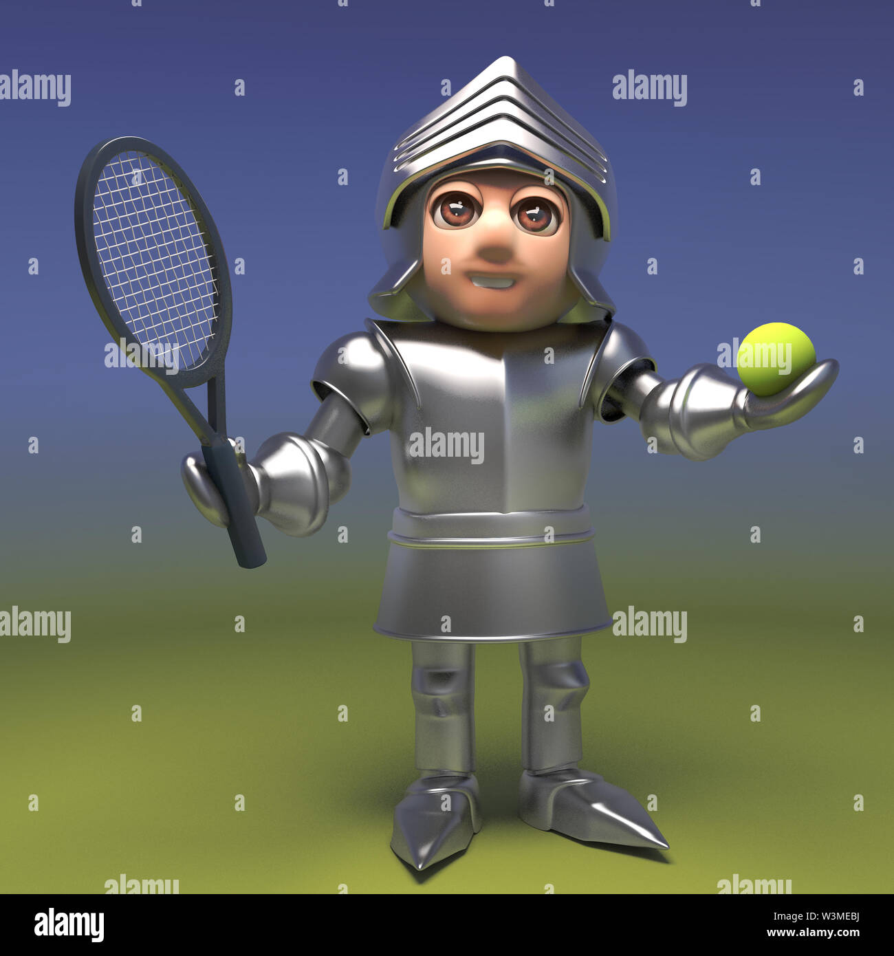 Sporty medieval knight loves to play tennis, 3d illustration render ...