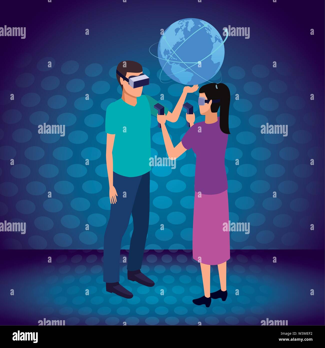 virtual reality technology experience cartoon on blue digital ...