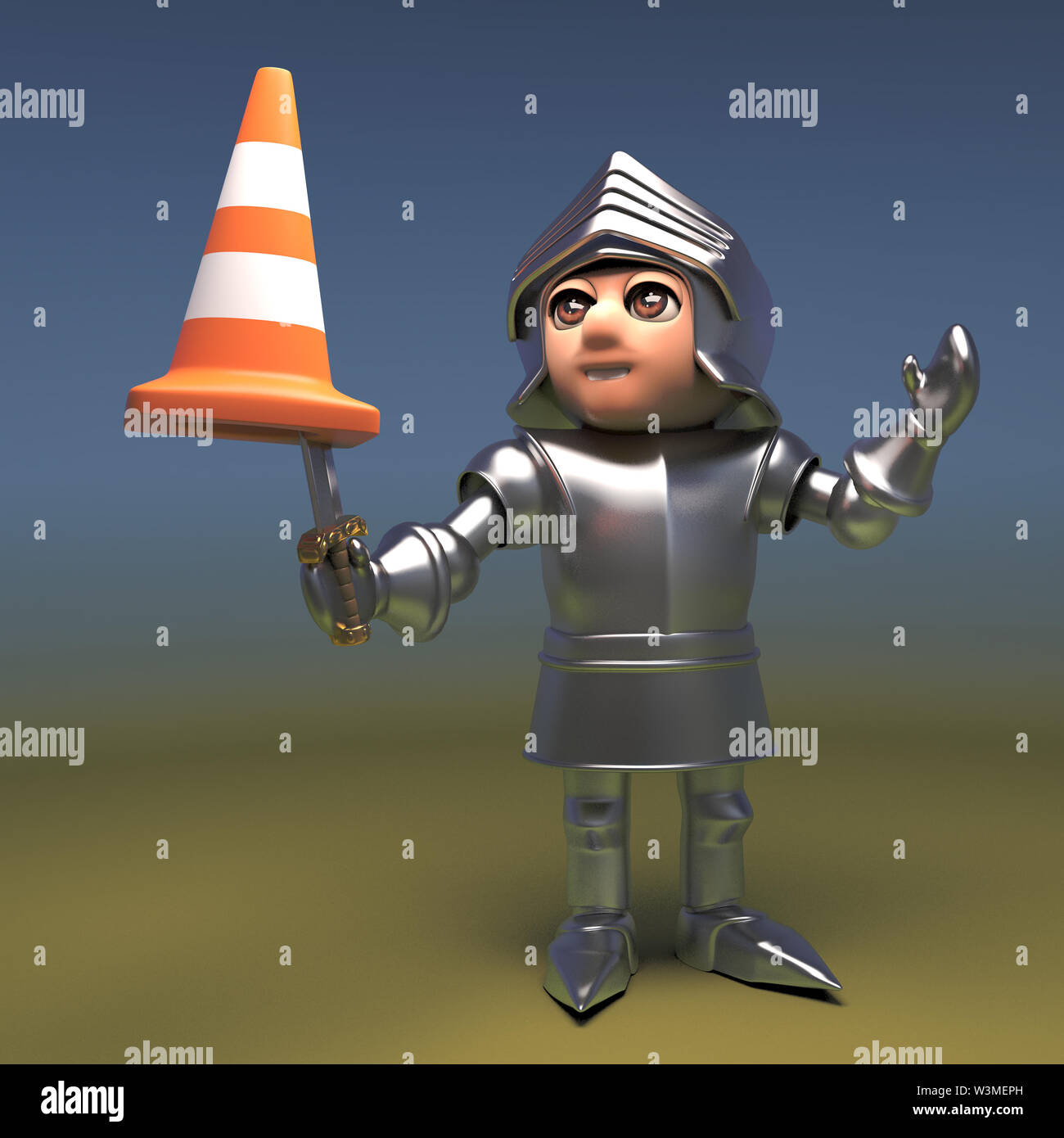 Silly medieval knight in armour jests with a traffic cone on his sword ...
