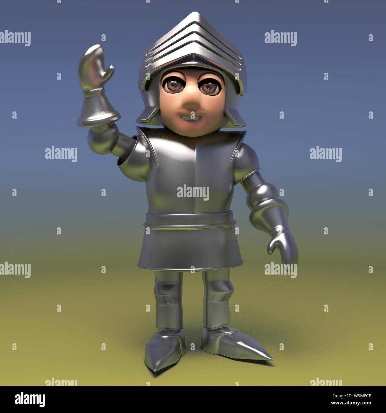 Friendly medieval knight waves a brave hello, 3d illustration render ...
