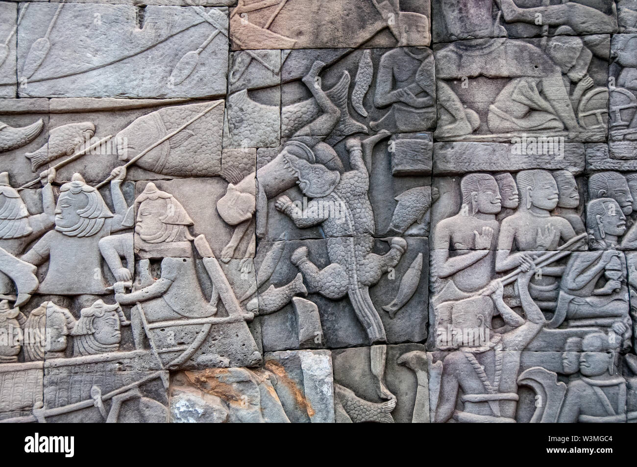 Bas-reliefs carved in stone in the Bayon temple at Angkor Wat Stock ...