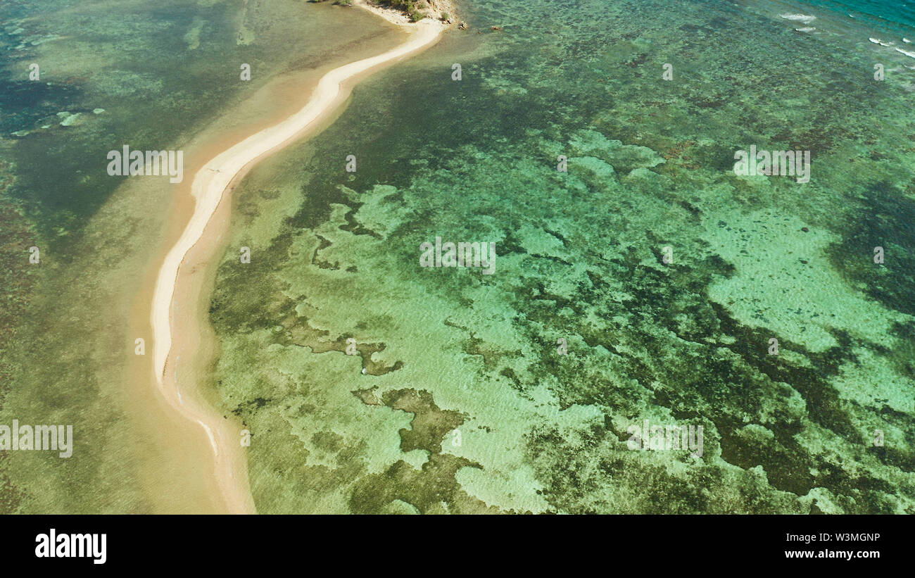 Aerial drone tropical island in blue lagoon with sand bar. Palawan ...