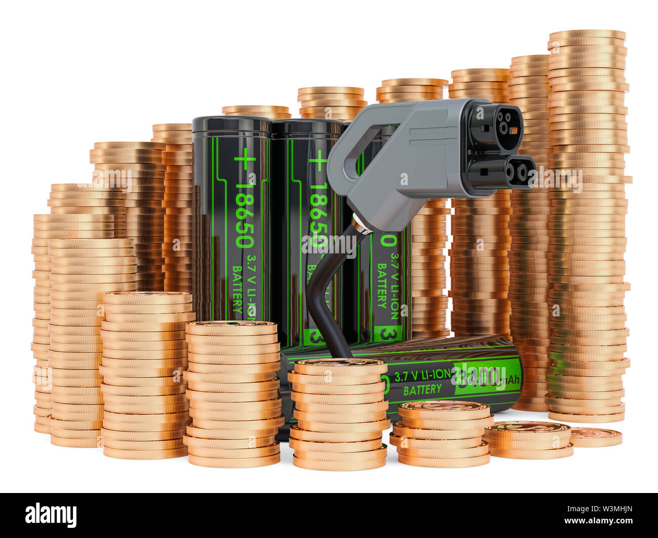 Electric car charging plug with gold coins around. 3D rendering ...