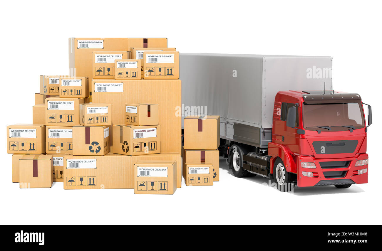 Truck with parcels. Freight transportation, delivery concept. 3D ...