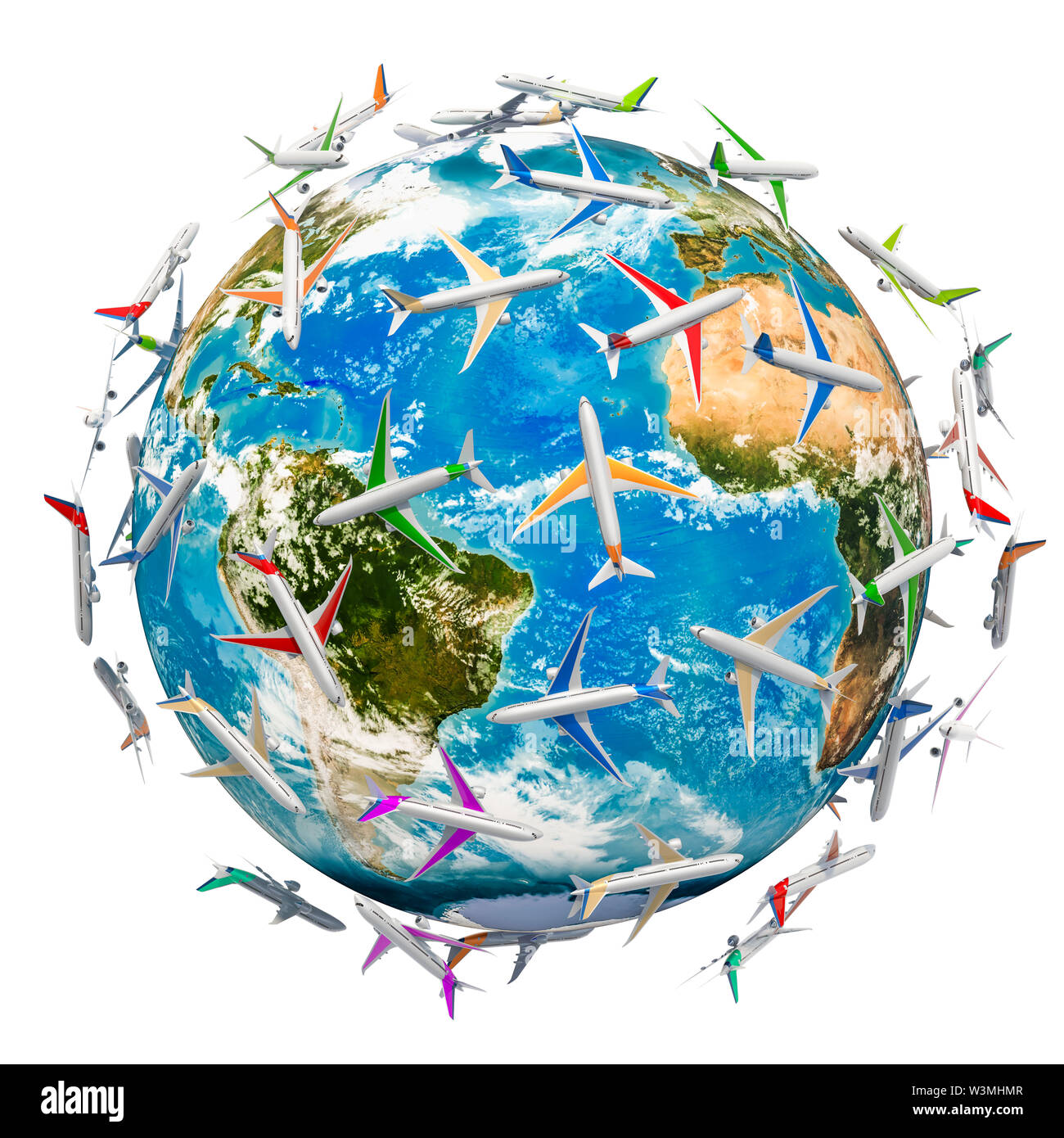 Global Air Travel concept. Airplanes around the Earth Globe, 3D ...