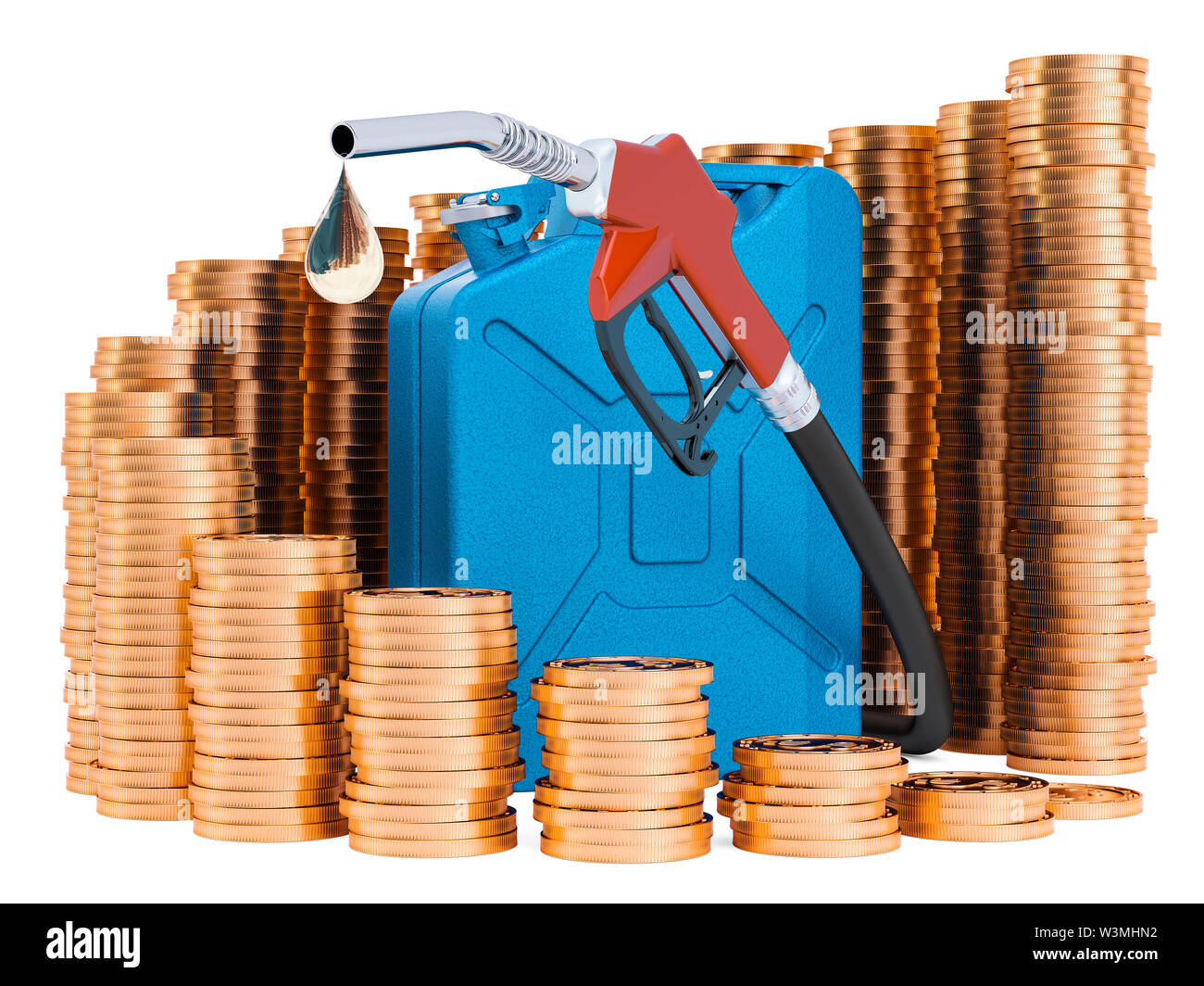 Fuel pump nozzle and jerrycan with golden coins around, 3D rendering ...