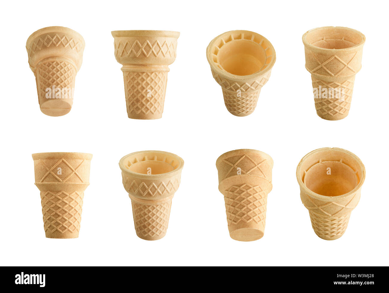 Collection of empty ice cream cones isolated on white background Stock ...