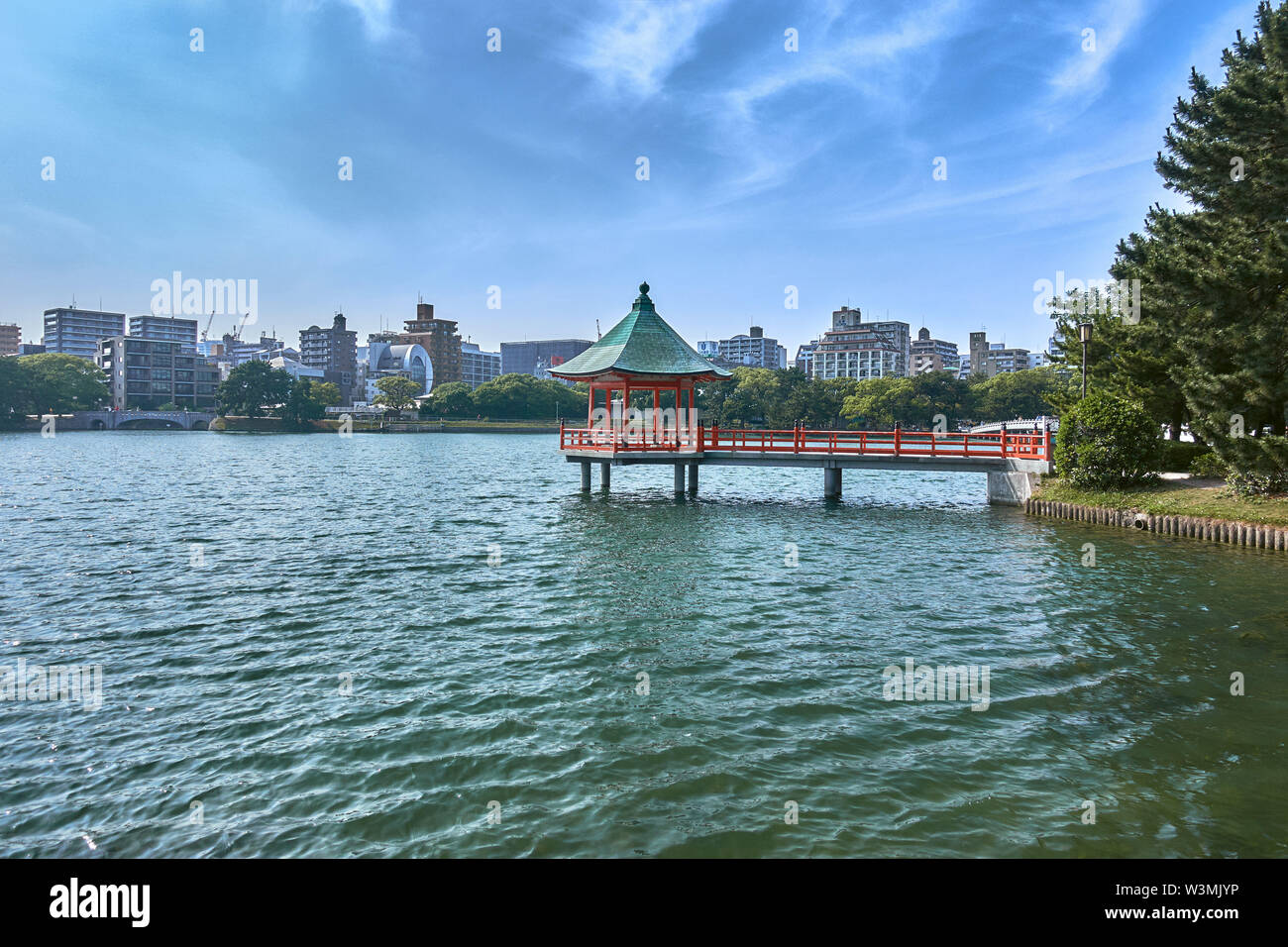 Ohori city park pond bridge Ukimi pavillion gazebo Fukuoka Kyushu Japan ...