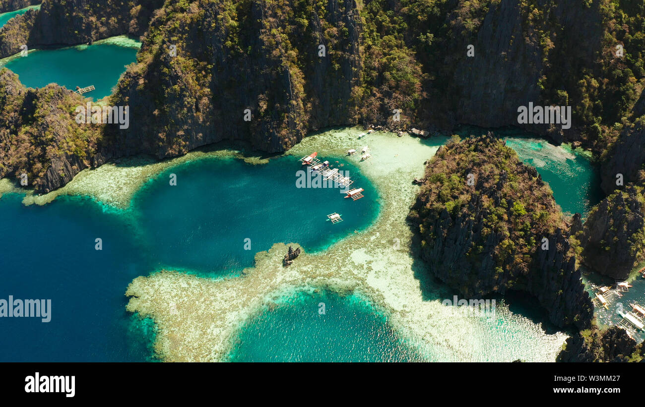 Aerial drone lagoons and coves with blue water among the rocks. lagoon ...