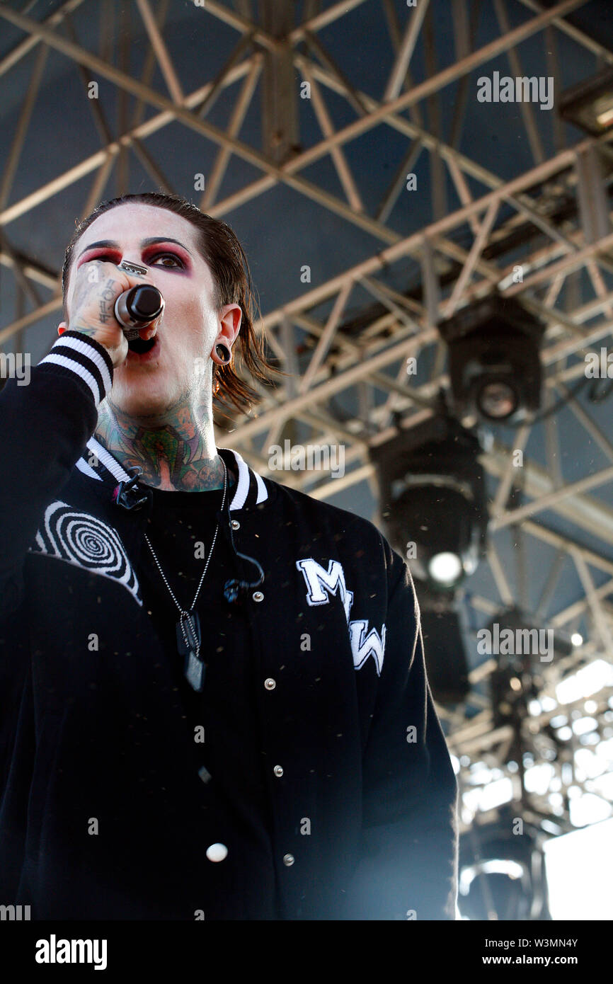 Chris Motionless lead singer of Motionless in white performs at ...
