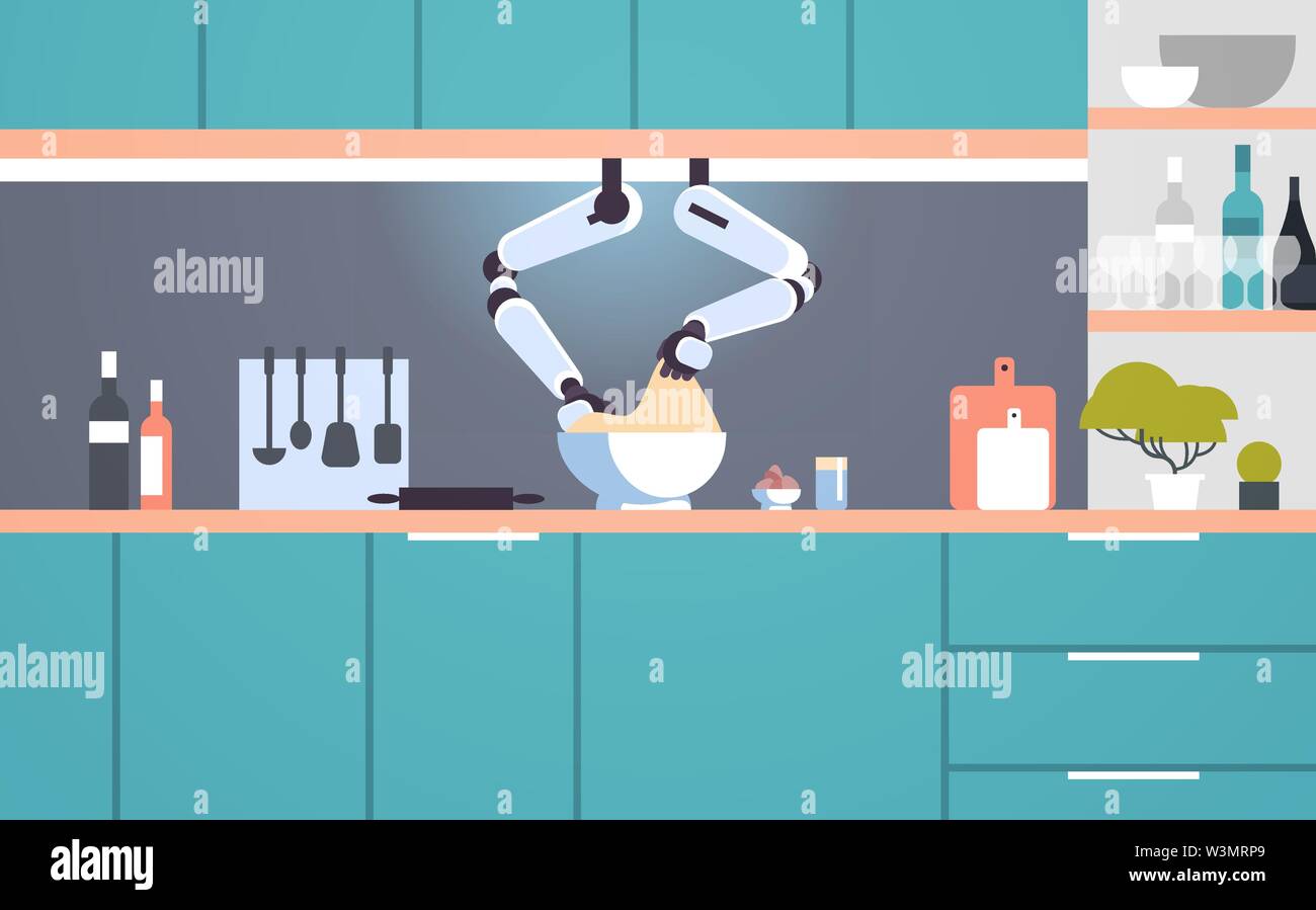 smart handy chef robot making dough in bowl robotic assistant ...