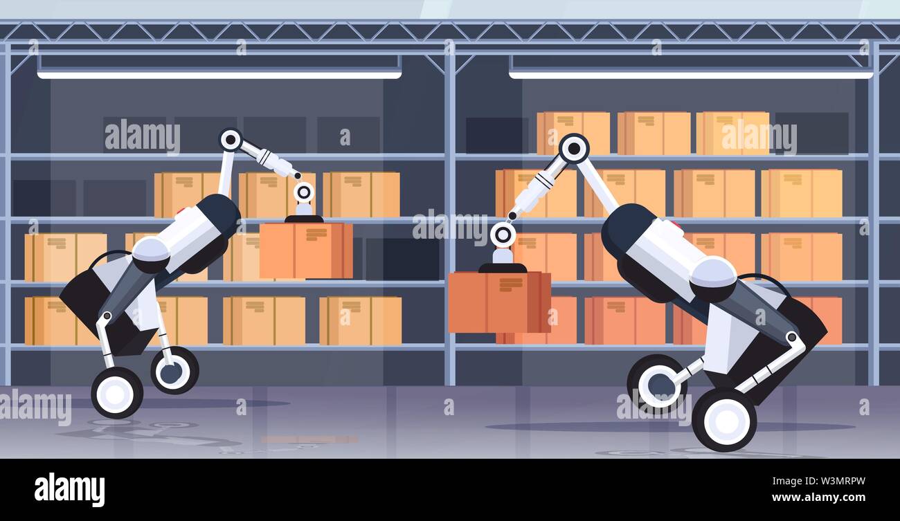 robotic workers loading cardboard boxes hi-tech smart factory robot ...
