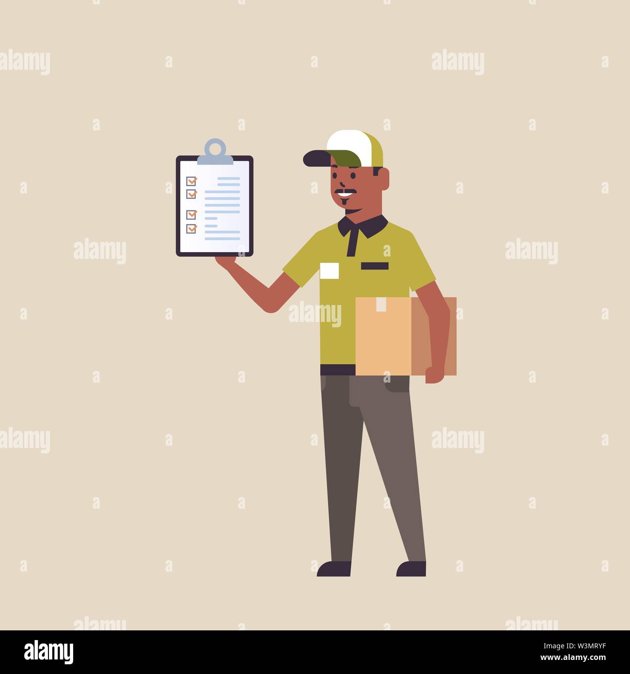 postman in uniform holding cardboard parcel box and receiving form ...