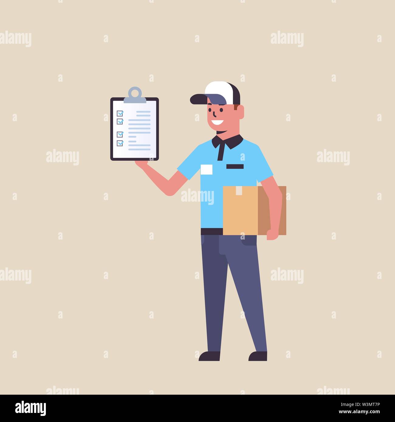 postman in uniform holding cardboard parcel box and receiving form ...