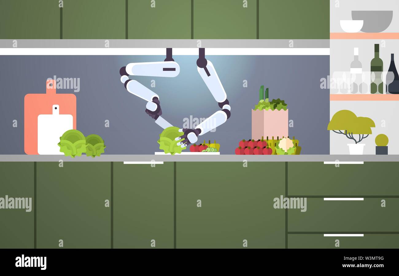 smart handy chef robot preparing vegetable salad robotic assistant ...