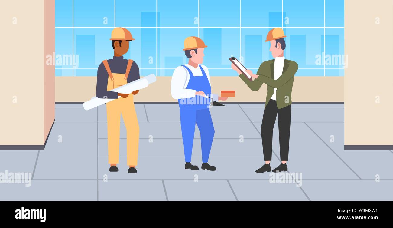 construction workers team discussing new building project during ...