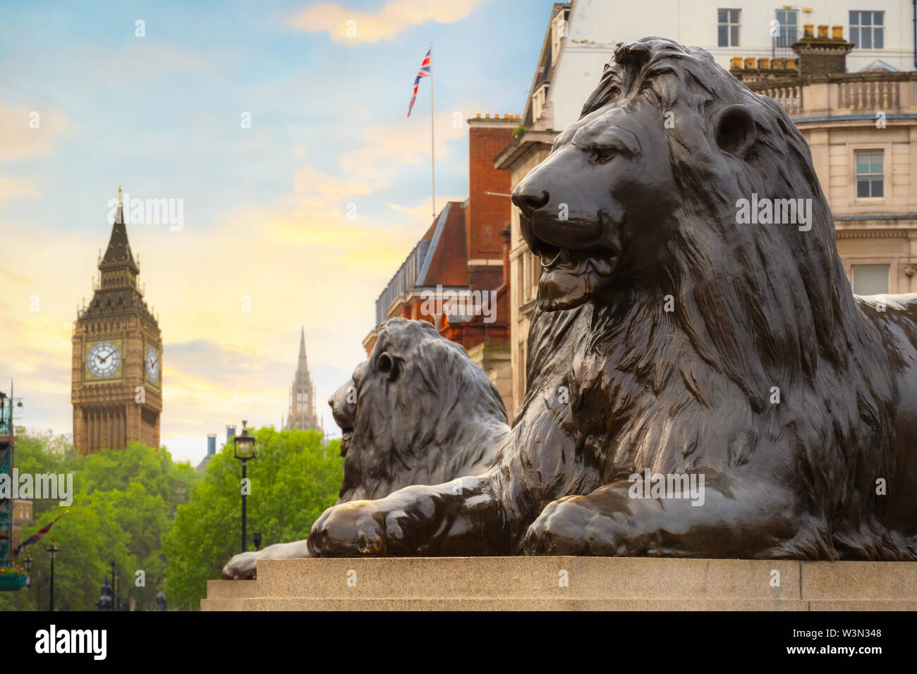 London, UK - May 13 2018: Lion Sculpture at Trafalgar Square - a public ...