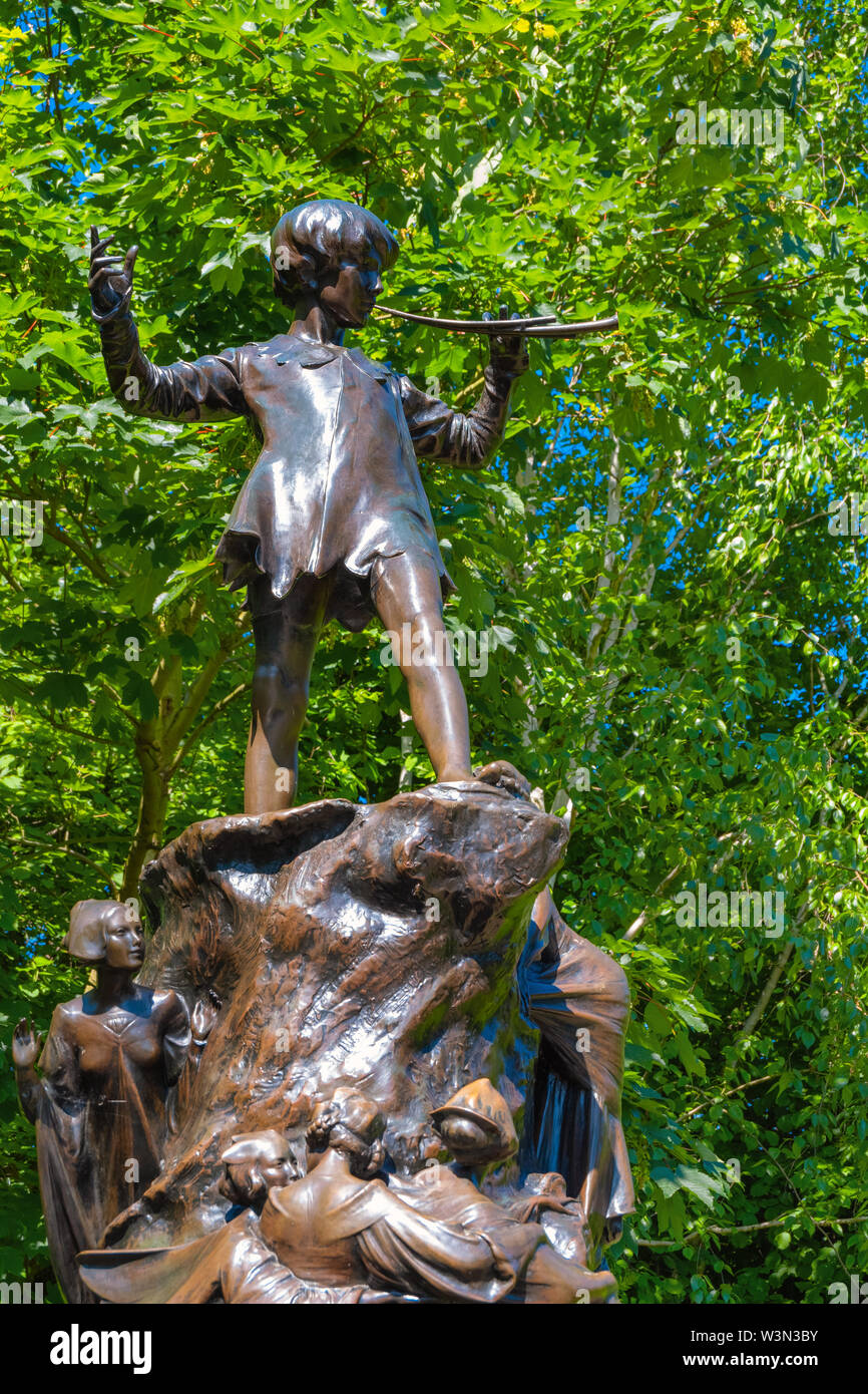 London, UK - May 14 2018: The Peter Pan statue, bronze sculpture of J ...