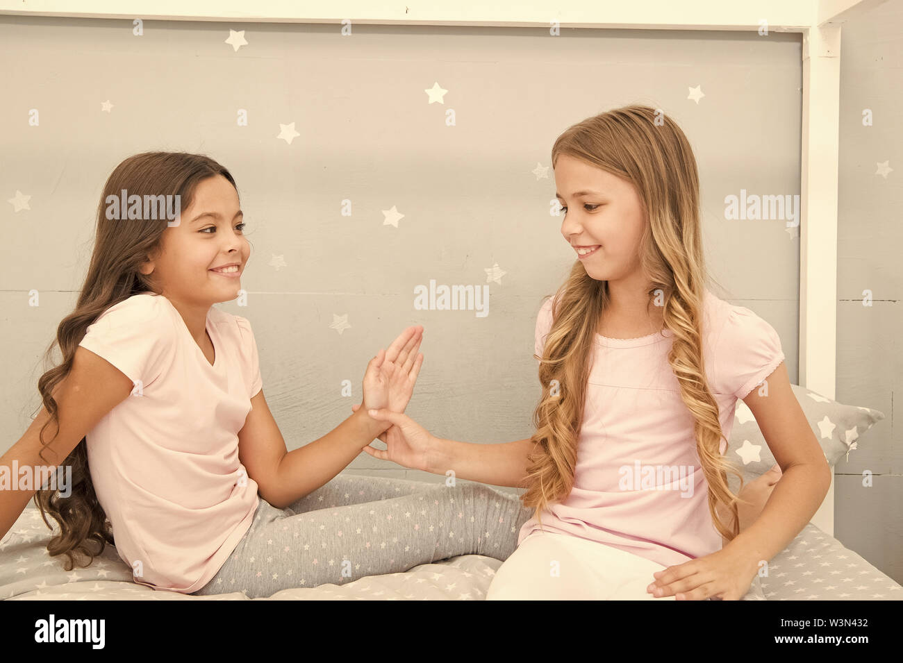 Children cheerful play bedroom. Great start of day. Happy childhood ...