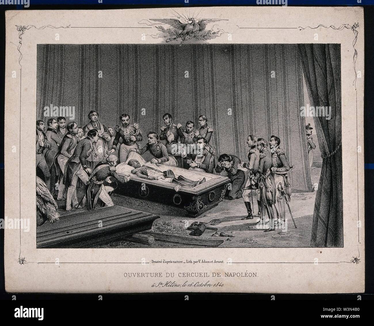 Clerics and military men surrounding the open coffin of Napoleon ...