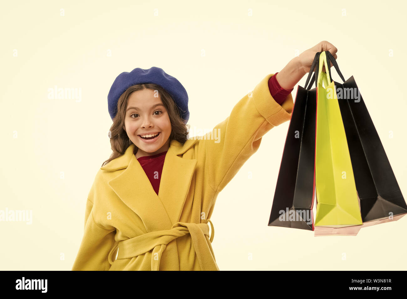 Child satisfied by shopping isolated white background. Obsessed with ...