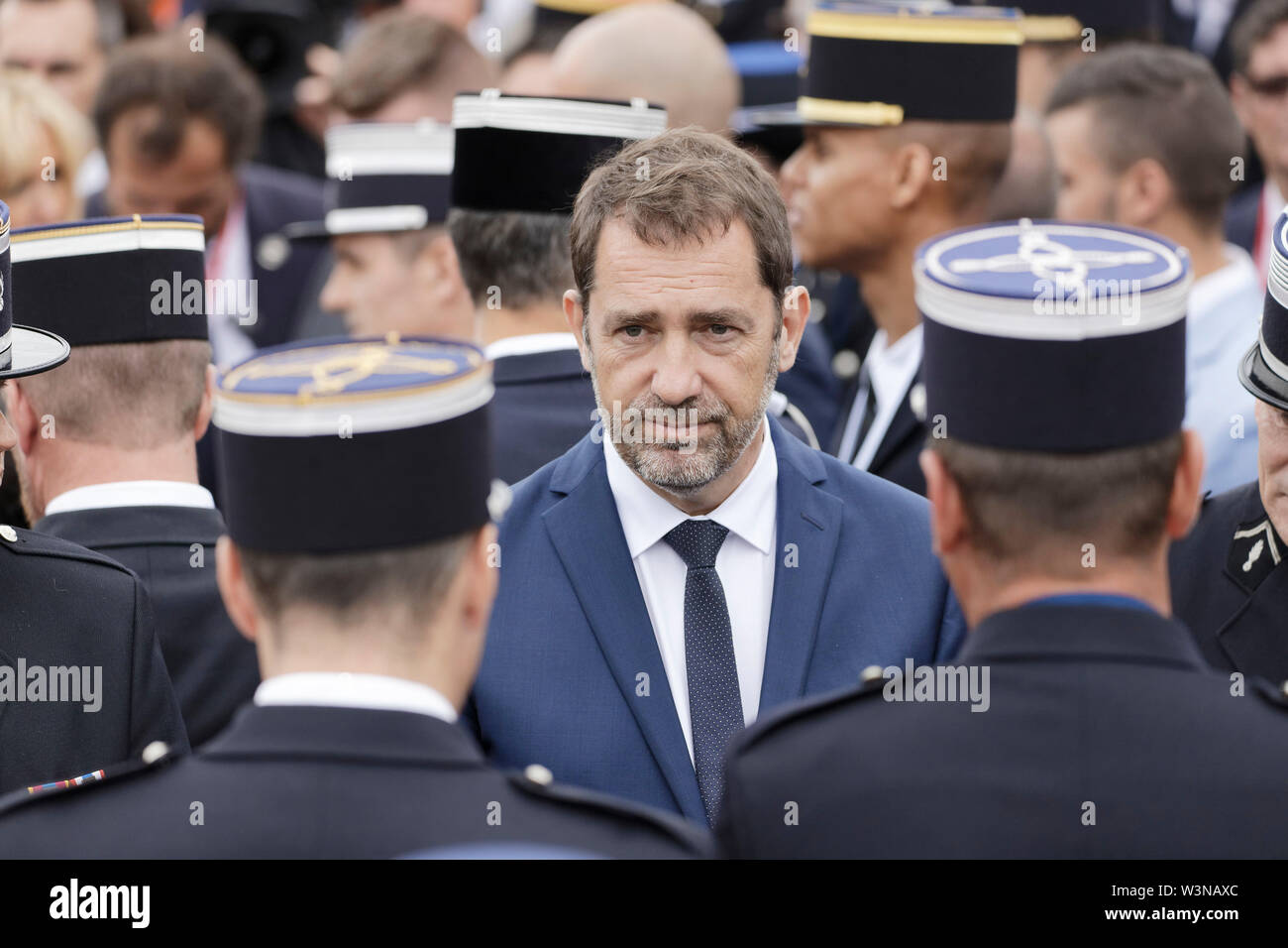 Paris, France. 14th July, 2019. Christophe Castaner spoke with families ...