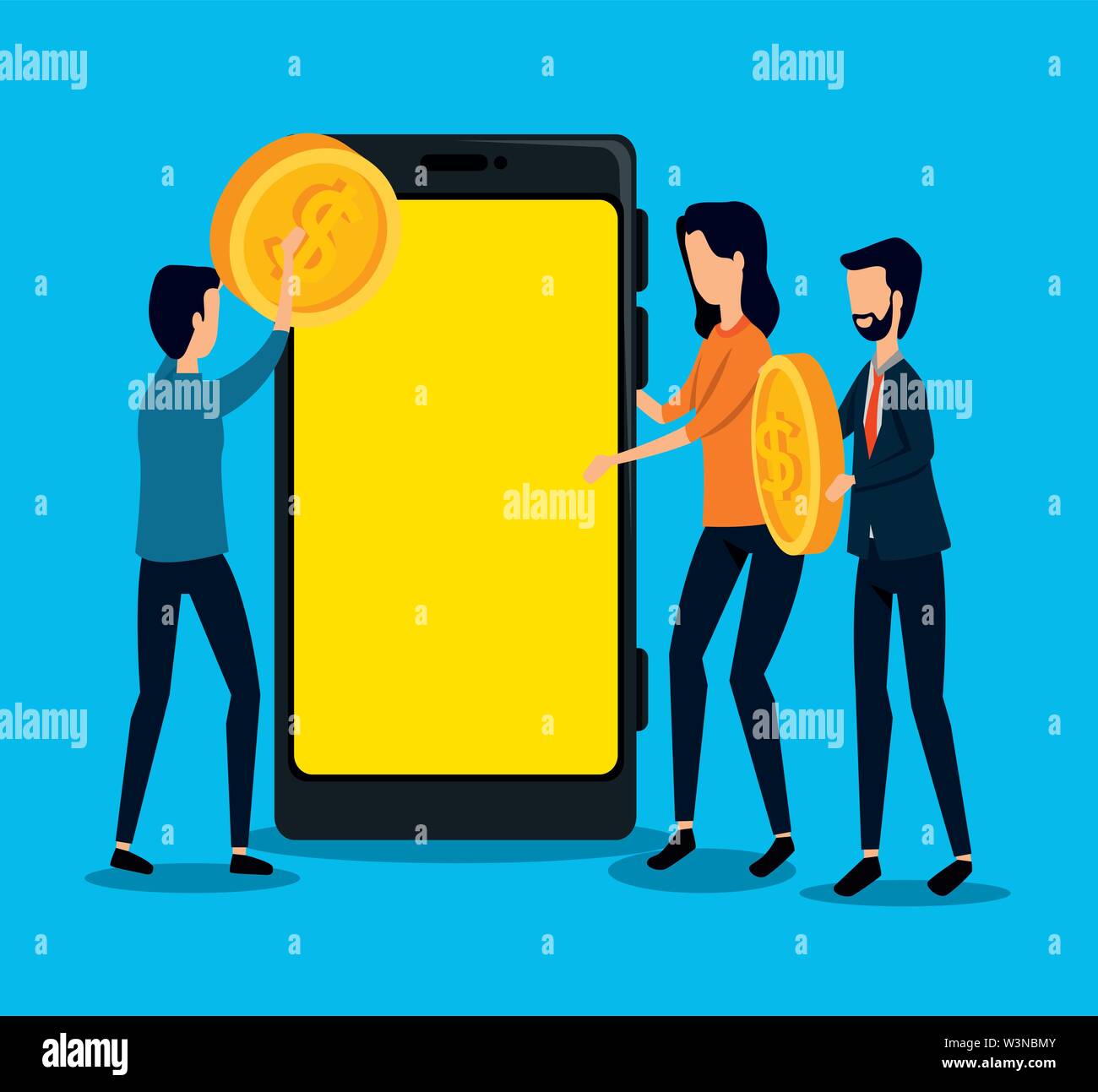 businessmen and businesswoman teamwork with coin and smartphone Stock ...