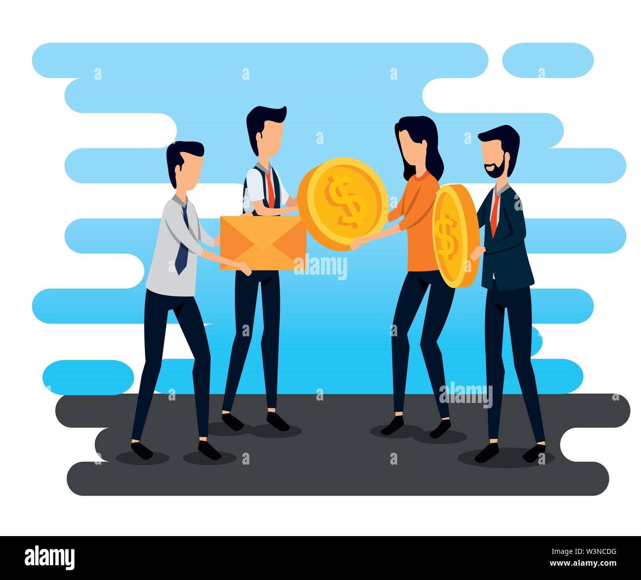 businessmen and businesswoman teamwork with letter and coins Stock ...