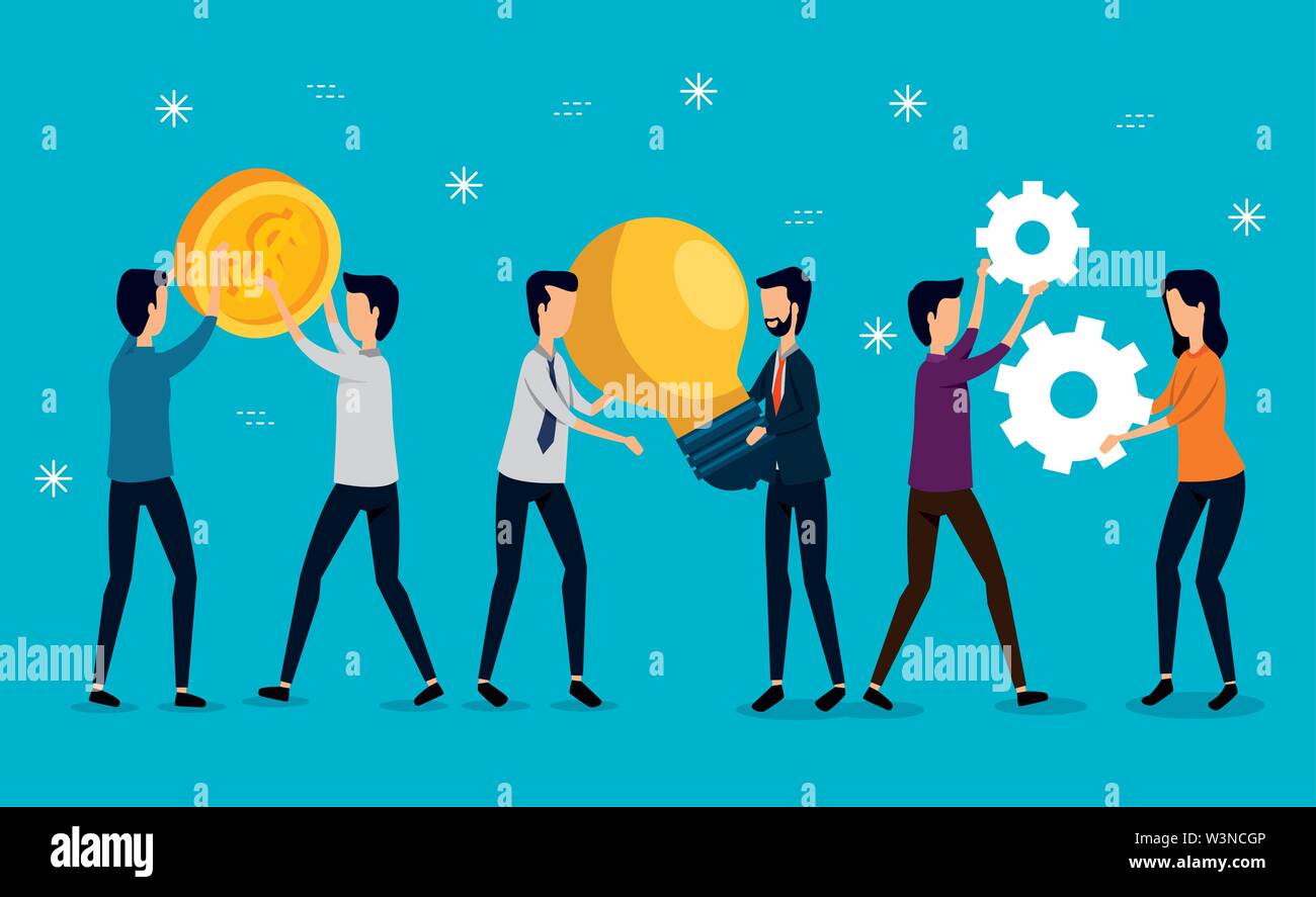 businessmen and businesswoman teamwork with coins and gears Stock ...