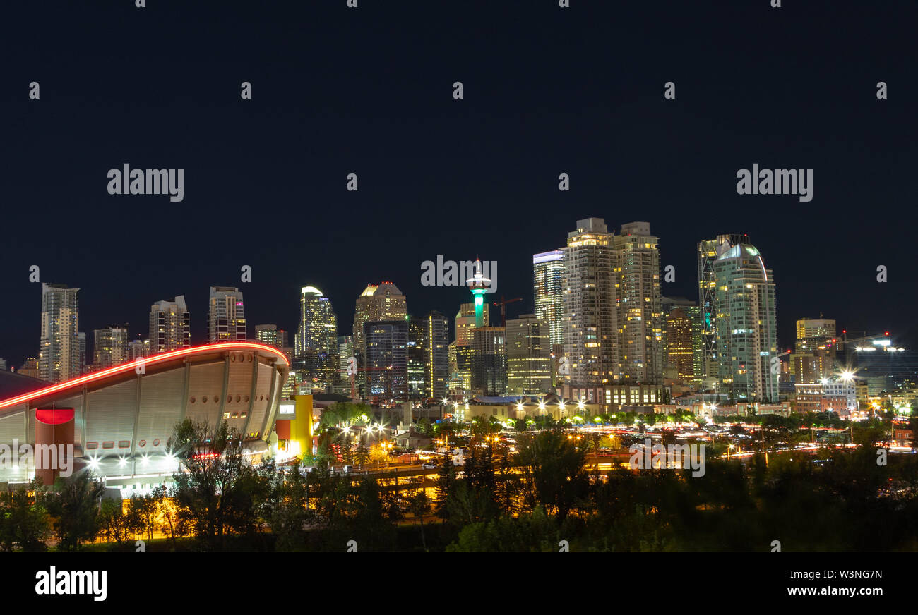 Calgary's urban skyline at night showing downtown Calgary Tower with ...