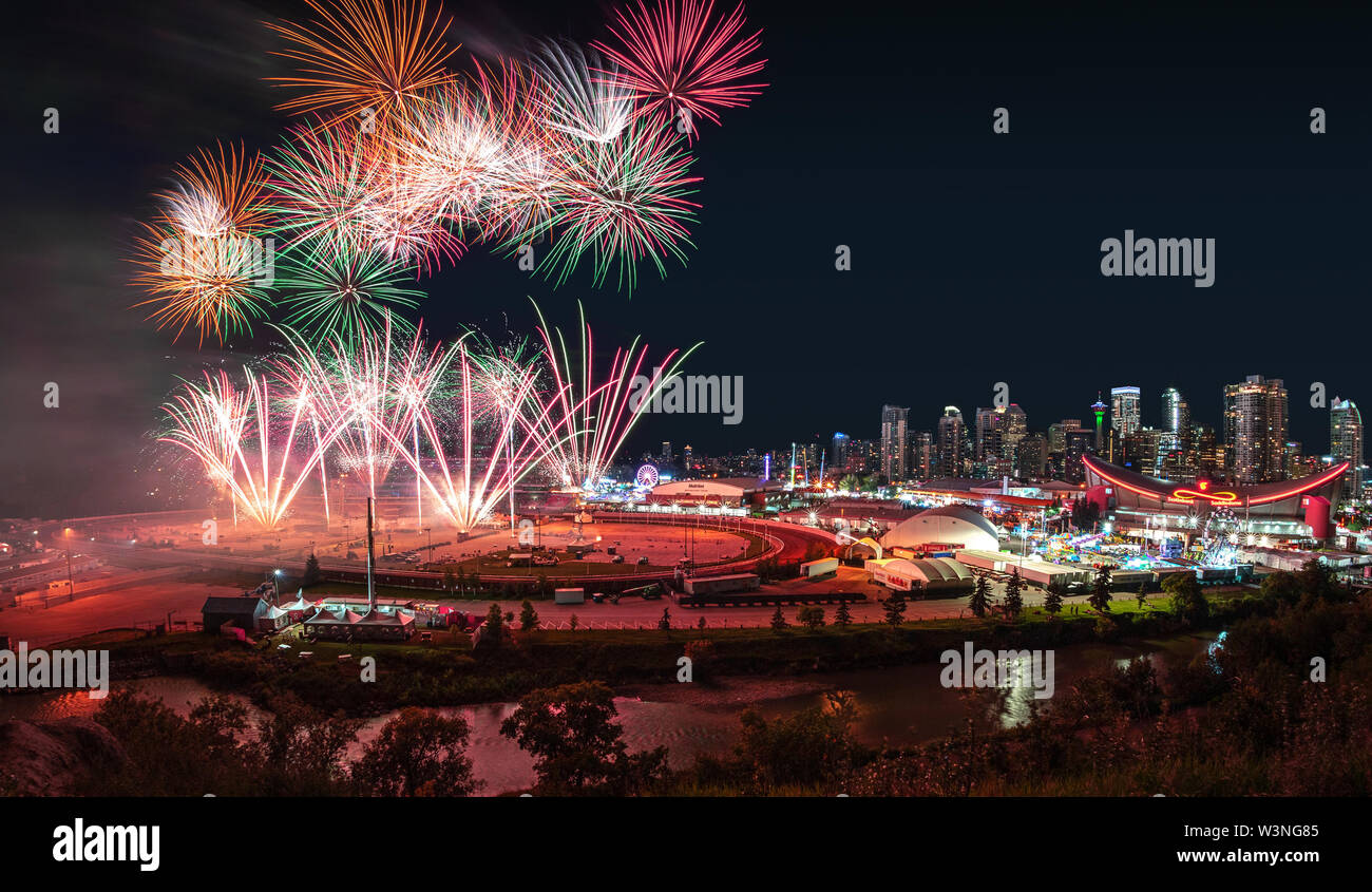 CALGARY, CANADA - JUL 14, 2019: Colorful firework display over the ...