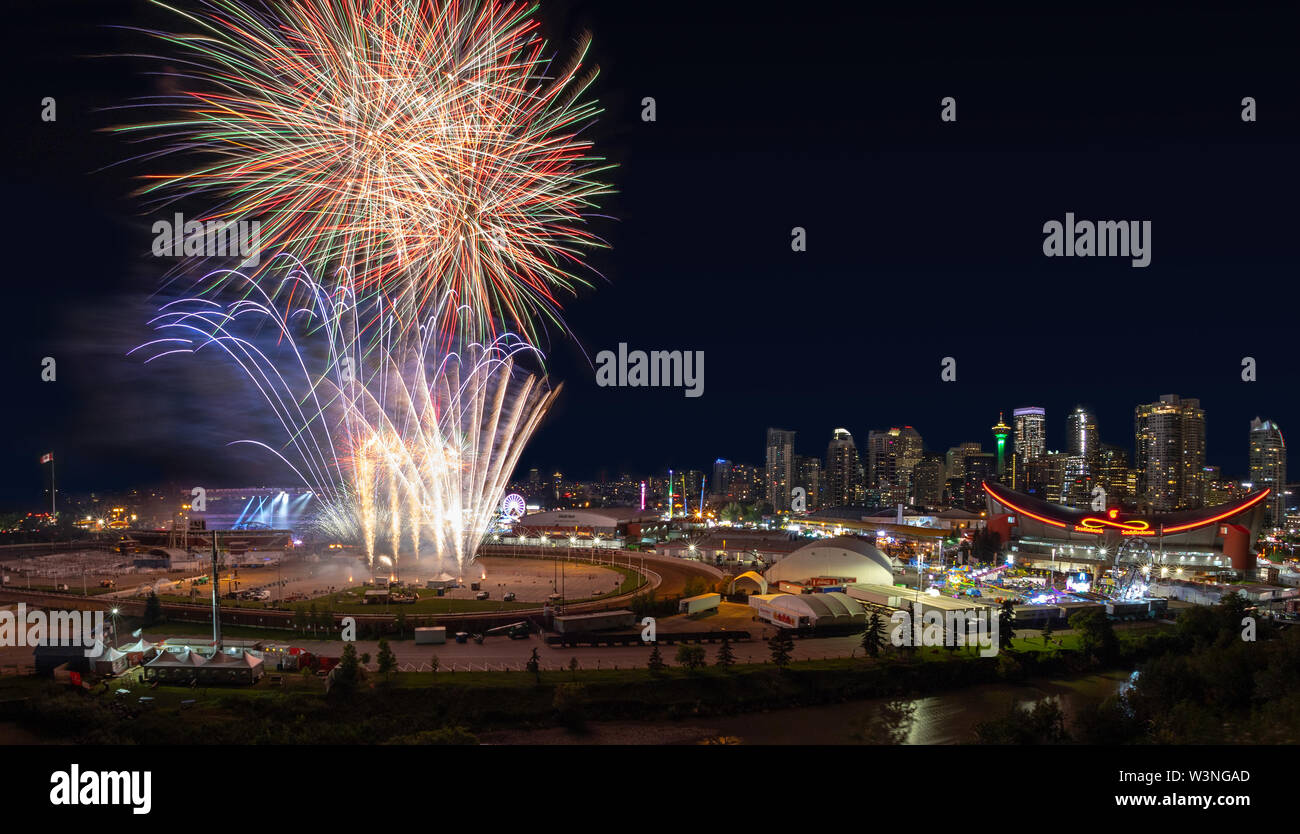 CALGARY, CANADA - JULY 14, 2019: Colorful firework display over the ...