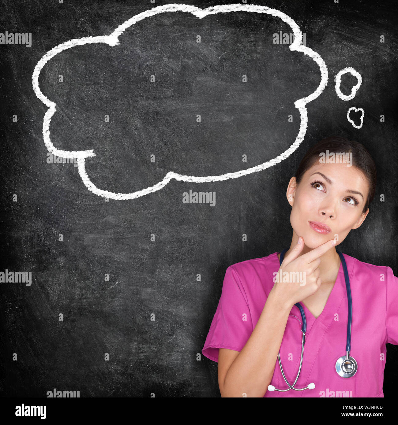 Medical concept - thinking nurse doctor blackboard. Woman doctor ...