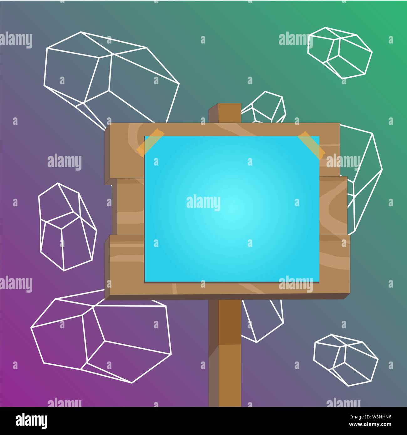 Wood plank wooden stick pole paper note attached adhesive tape empty ...