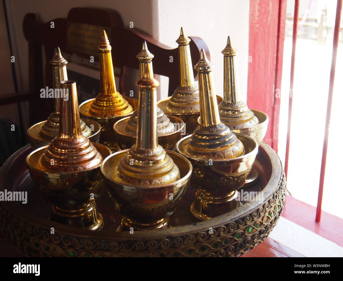 Brass ceremonial containers at Wat Sai Moon Mueang, Chiang Mai ...