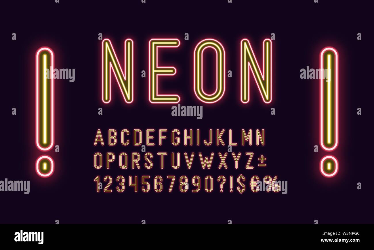 Neon rounded alphabet, Red Yellow color. Neon outlined Font, set of ...