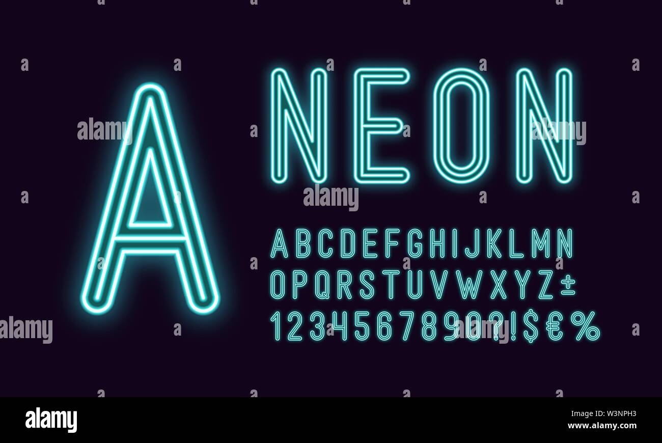 Neon rounded alphabet, Azure color. Neon outlined Font, set of ...