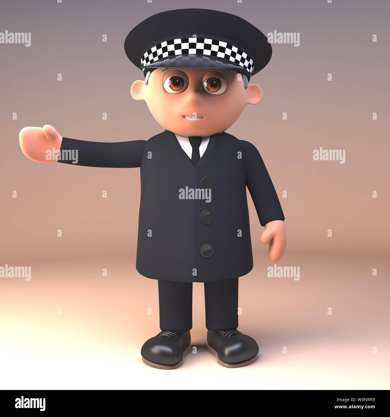 Police officer in uniform on duty gestures to the right with arm ...