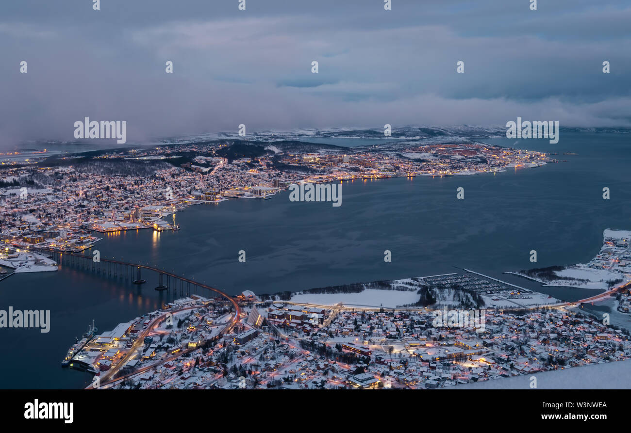 Aerial view to the city of Tromso in winter from above, Northern Norway ...