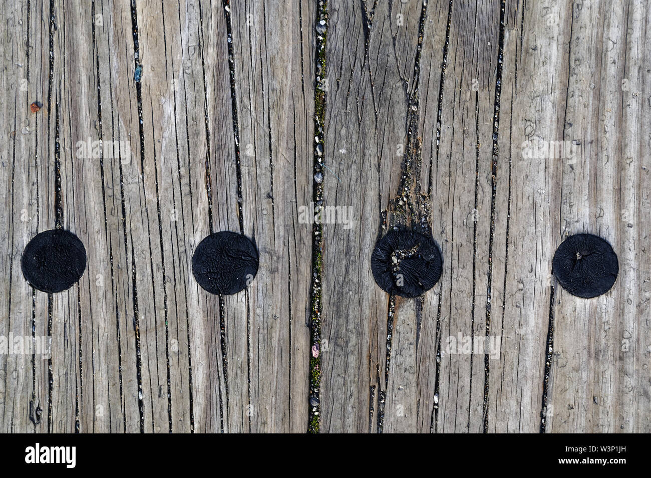 Aged wooden sleepers are on the ground, they have fine gravel in their ...