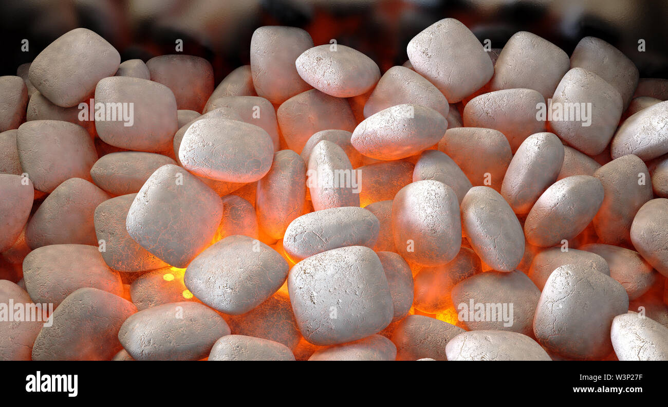 A direct top view of burning hot coal and white ash in a barbecue stand ...