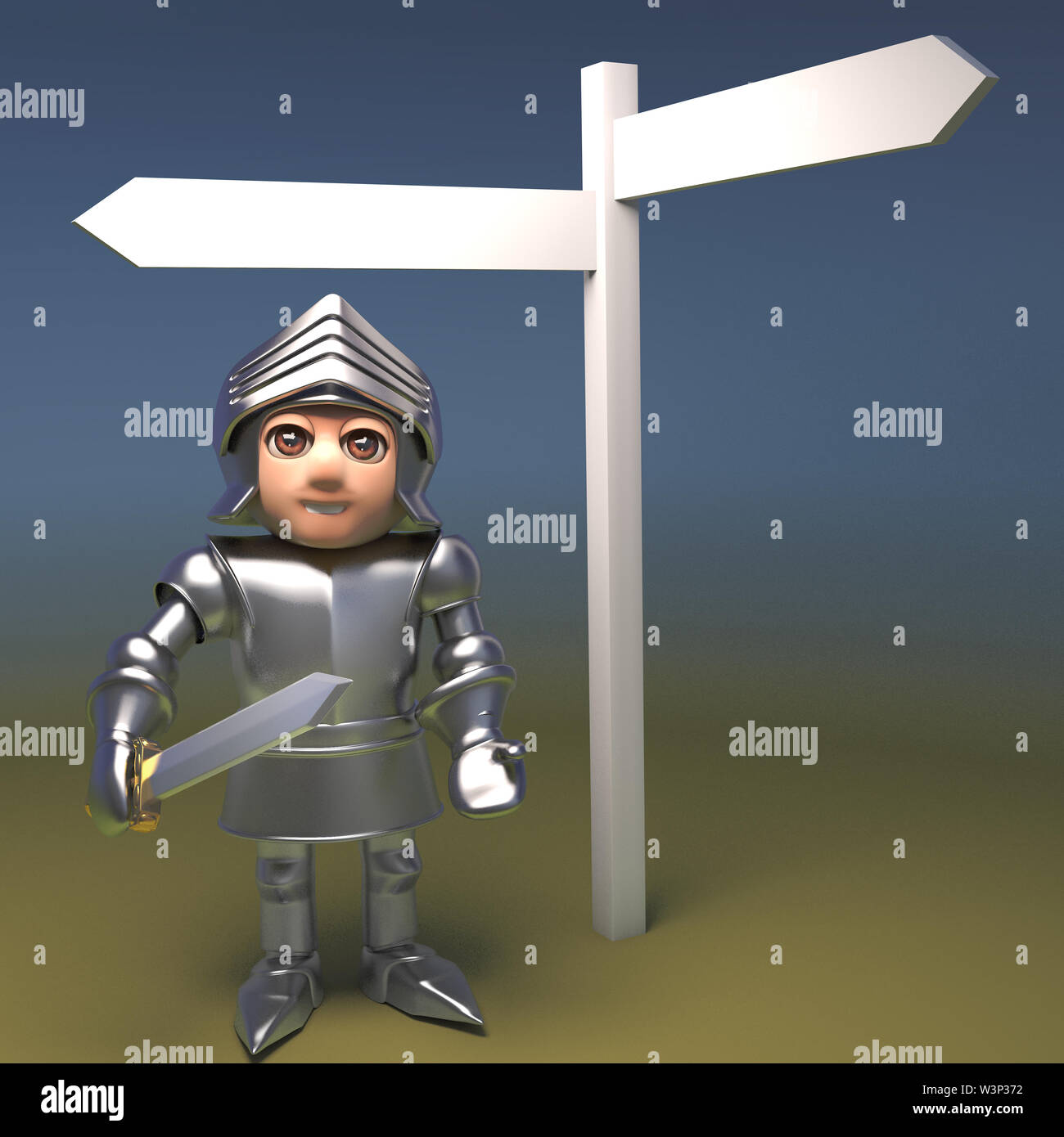 3d cartoon medieval knight in plate armour is lost looking at the blank ...